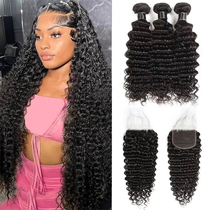 3 Bundles with 4x4 Transparent Lace Closure Deep Wave Hair – BelianaHair